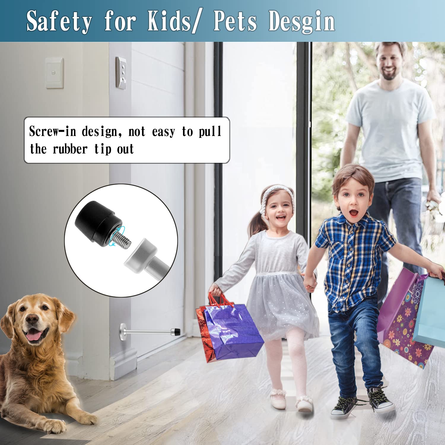 Door Stoppers 6 inch Door Stops Heavy Duty RustProof Stainless Steel Screw-in Door Holder with BabyProof Black Rubber Bumper Tips - Protects Your Walls - Long Door Stop Silver 1 Pack