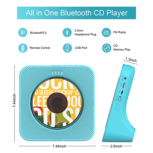 Weeuus CD Player Portable with Bluetooth,Desktop CD Player with Remote Control,Kids,Kpop,Dual Stereo Speaker,Dust Cover, FM Radio, LED Screen,3.5mm Jack AUX Input Output,Blue