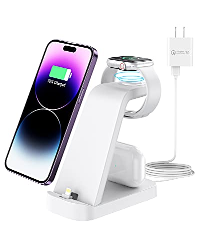 Apetiy Charging Station for Multiple Devices Apple, 3 in 1 Fast Charging Station Dock for iPhone 14/13/12/11 (Pro)/XS/XR/X/8/7/6/5, Apple Watch Series Ultra/8/7/6/SE/5/4/3/2 & AirPods with Adapter