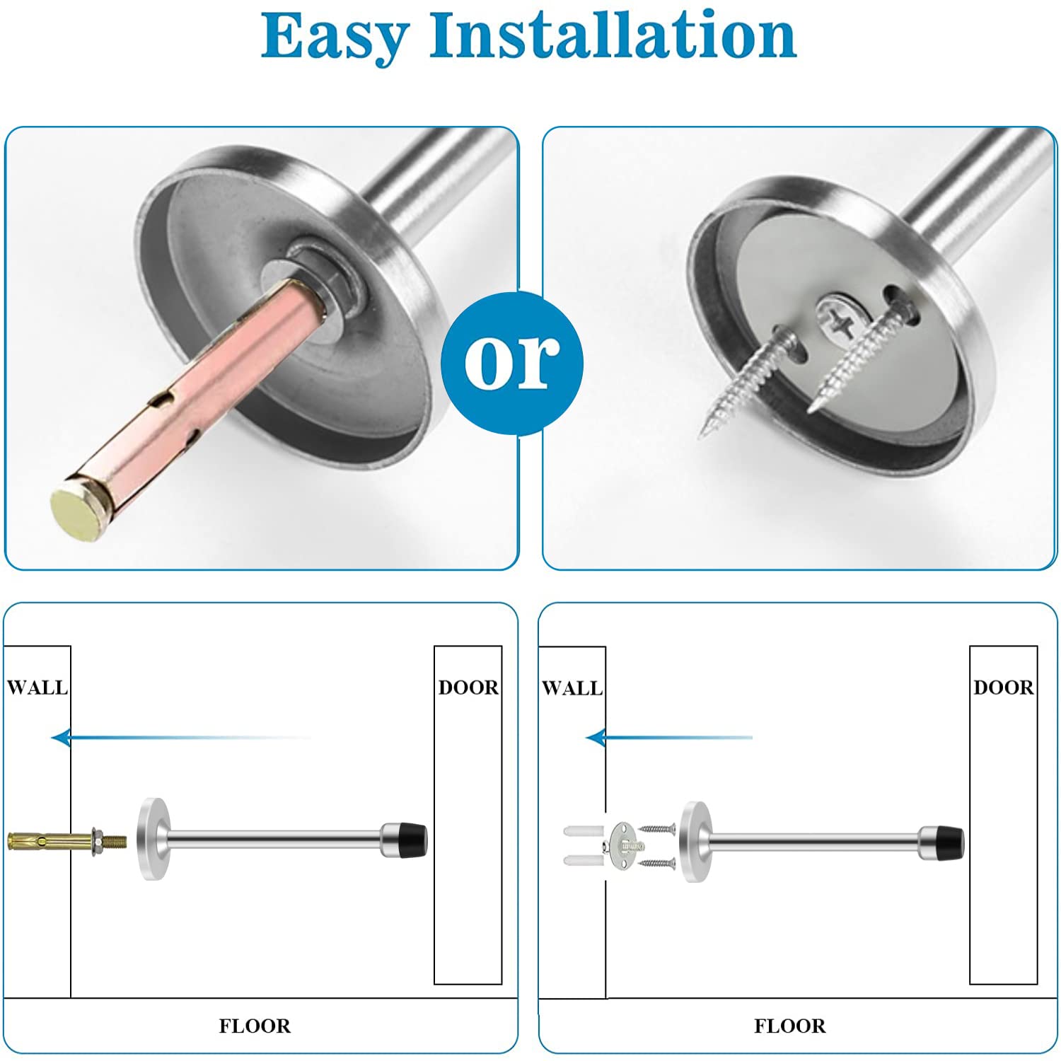 Door Stoppers 6 inch Door Stops Heavy Duty RustProof Stainless Steel Screw-in Door Holder with BabyProof Black Rubber Bumper Tips - Protects Your Walls - Long Door Stop Silver 1 Pack