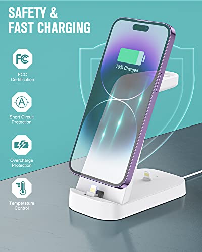 Apetiy Charging Station for Multiple Devices Apple, 3 in 1 Fast Charging Station Dock for iPhone 14/13/12/11 (Pro)/XS/XR/X/8/7/6/5, Apple Watch Series Ultra/8/7/6/SE/5/4/3/2 & AirPods with Adapter