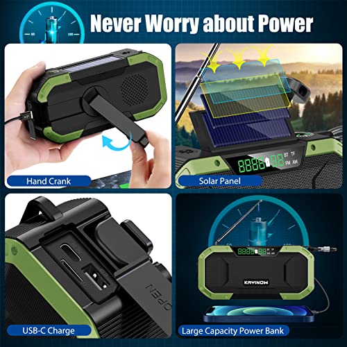 Emergency Hand Crank Solar Radio,Waterproof Bluetooth Speaker,AM FM NOAA Portable Digital Weather Radio with Flashlight,Reading Lamp,5000mAh Cell Phone Charger,SOS Alarm,Compass,Survival Camping Gear