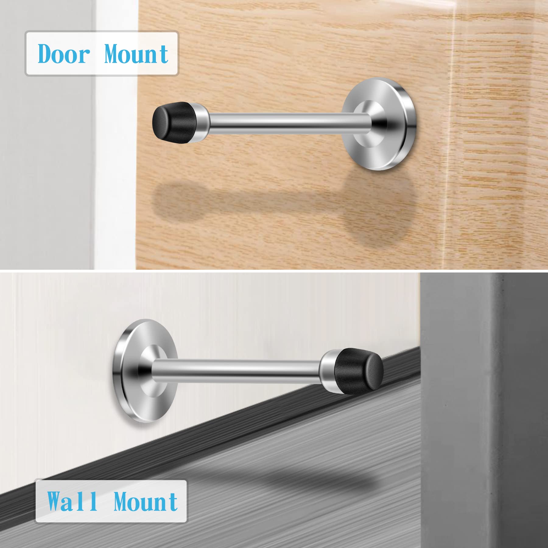 Door Stoppers 6 inch Door Stops Heavy Duty RustProof Stainless Steel Screw-in Door Holder with BabyProof Black Rubber Bumper Tips - Protects Your Walls - Long Door Stop Silver 1 Pack
