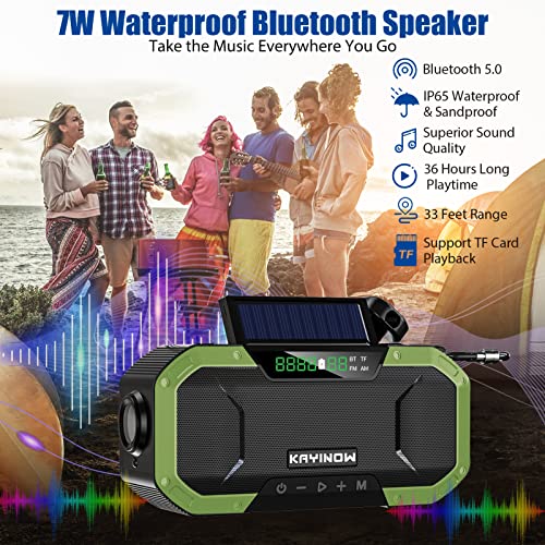 Emergency Hand Crank Solar Radio,Waterproof Bluetooth Speaker,AM FM NOAA Portable Digital Weather Radio with Flashlight,Reading Lamp,5000mAh Cell Phone Charger,SOS Alarm,Compass,Survival Camping Gear