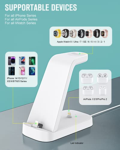 Apetiy Charging Station for Multiple Devices Apple, 3 in 1 Fast Charging Station Dock for iPhone 14/13/12/11 (Pro)/XS/XR/X/8/7/6/5, Apple Watch Series Ultra/8/7/6/SE/5/4/3/2 & AirPods with Adapter