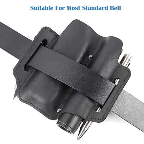 Leather Sheath for Belt,Multitool Sheath EDC Pocket Organizer for Men with Pen Holder,Knife Leather Pouch Flashlight Holster