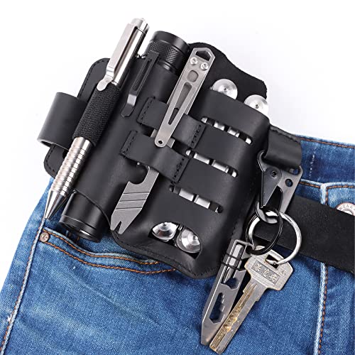 Leather Sheath for Belt,Multitool Sheath EDC Pocket Organizer for Men with Pen Holder,Knife Leather Pouch Flashlight Holster