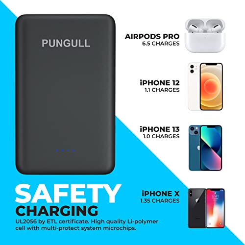 PUNGULL Slim Small Portable Phone Charger 5000mAh - Compact Mini Power Bank Built-in Cable Cute Mobile Cell Phone External Battery Pack 5V 2A USB-C Compatible with iPhones Airpods Samsung Heated Vest