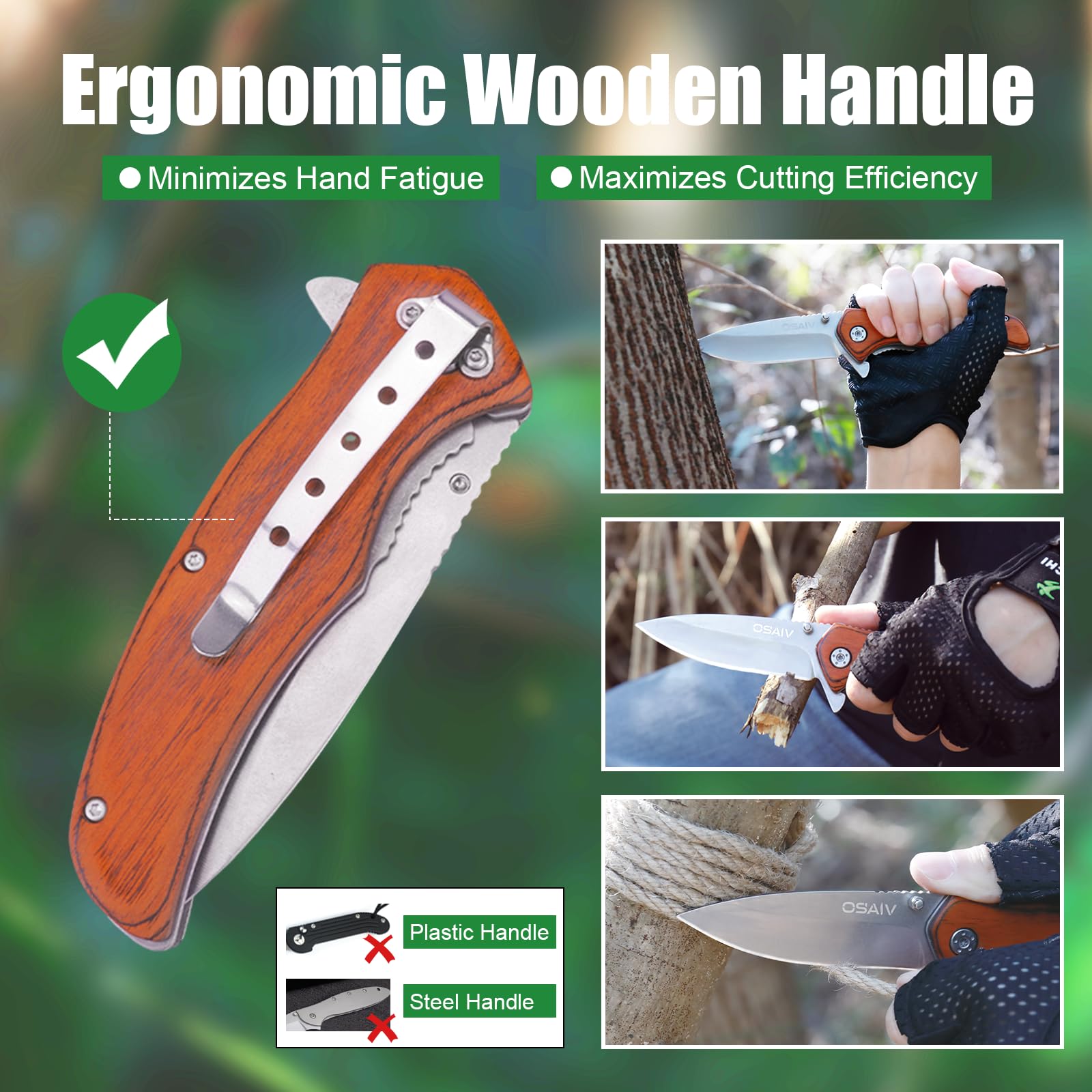 osaiv Pocket Folding Wood Knife Set, Speed Safe Opening EDC Tactical Foldable Knives with Lock, Small Sharp Camping Survival Hiking Knife, Ideal Gift for Men Women-Wood Color Handle