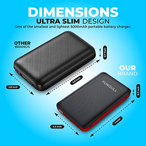 PUNGULL Slim Small Portable Phone Charger 5000mAh - Compact Mini Power Bank Built-in Cable Cute Mobile Cell Phone External Battery Pack 5V 2A USB-C Compatible with iPhones Airpods Samsung Heated Vest