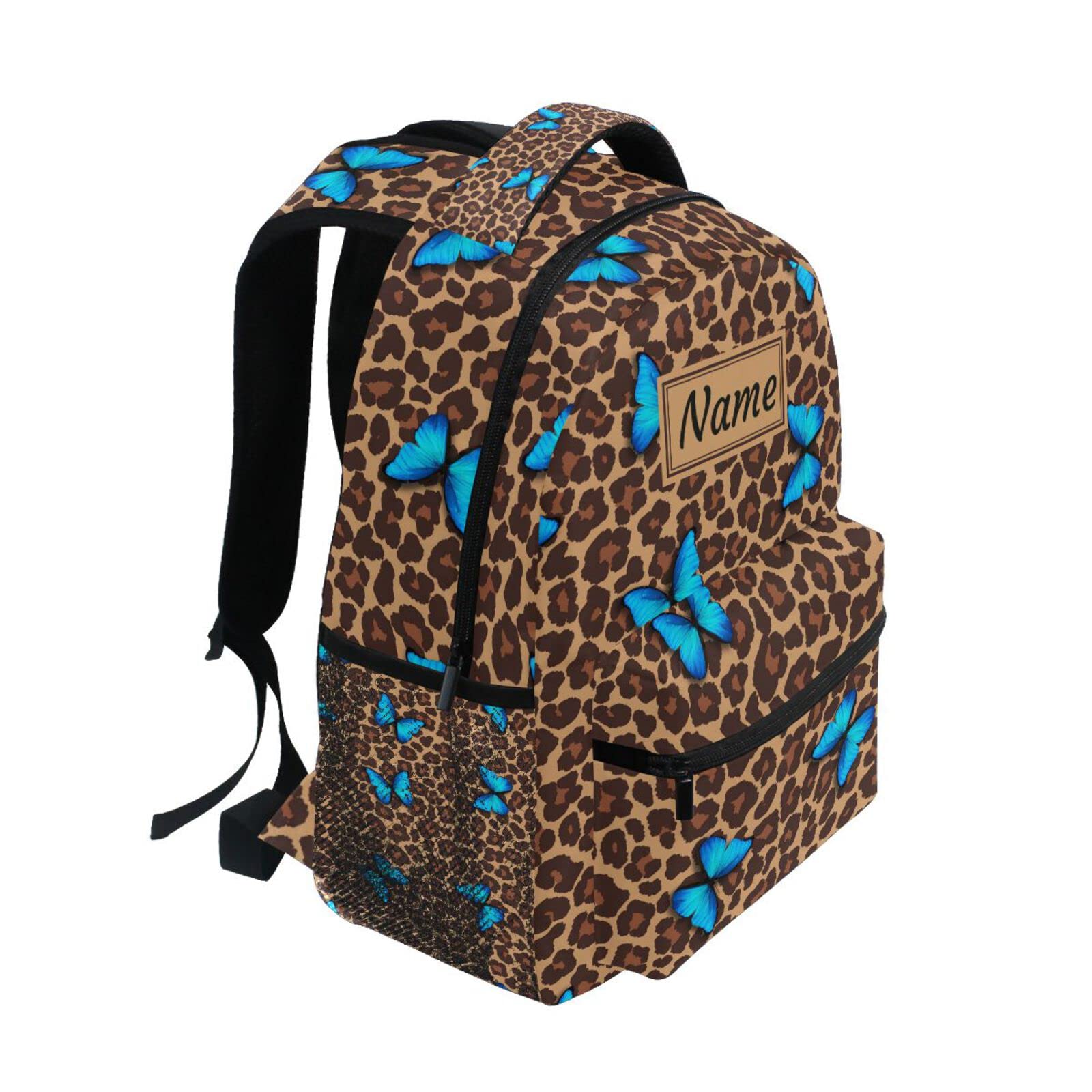 Blue Butterfly Leopard Cheetah Print Custom School Backpack for Boys Girls, Personalized Name Elementary School Bookbag Travel Bag Daypack