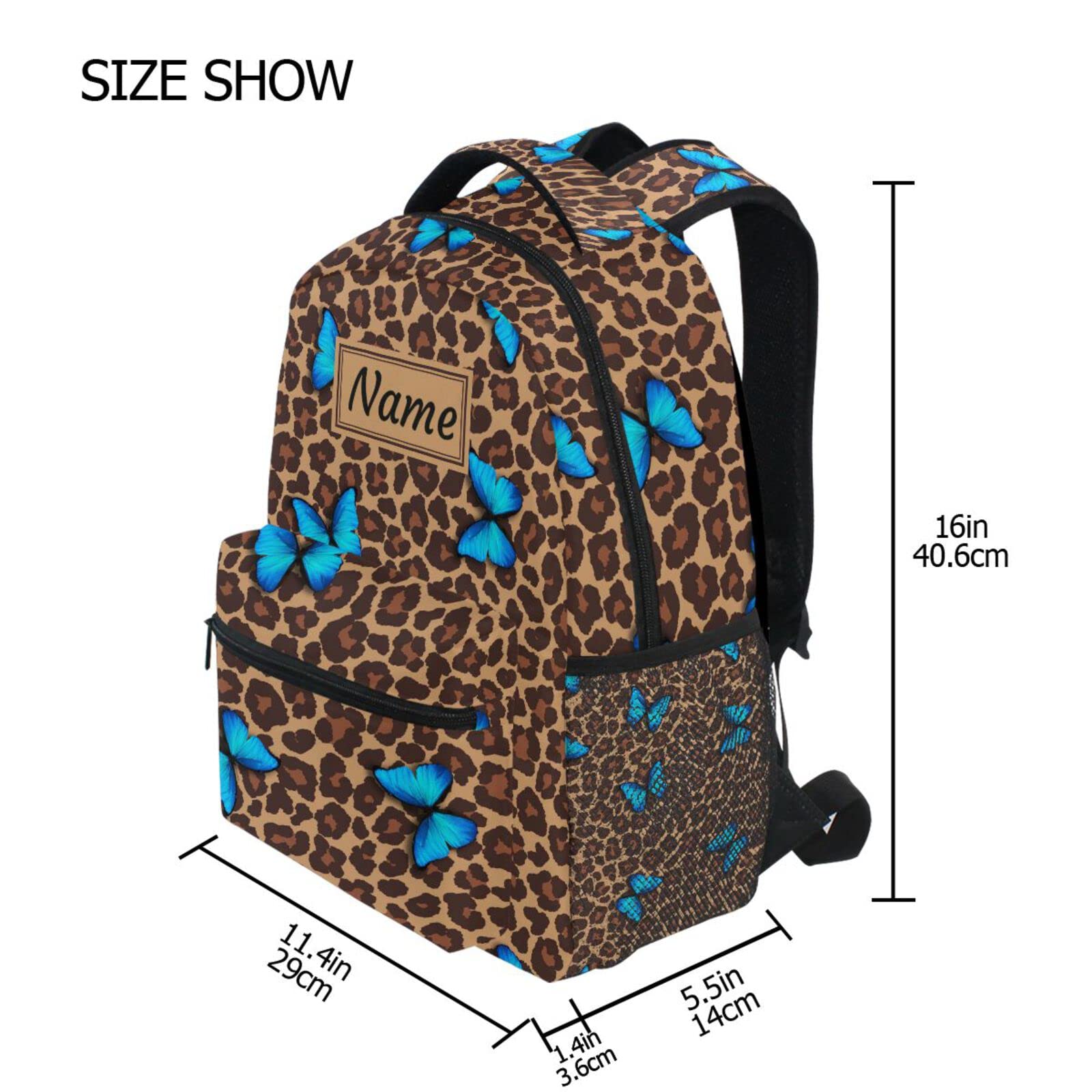 Blue Butterfly Leopard Cheetah Print Custom School Backpack for Boys Girls, Personalized Name Elementary School Bookbag Travel Bag Daypack