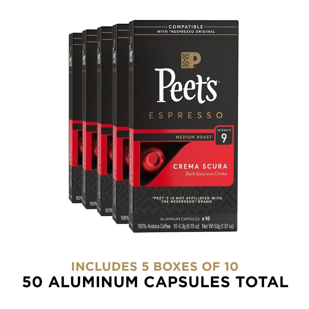 Peet's Coffee, Medium Roast Espresso Capsules Compatible with Nespresso Original Machine, Crema Scura Intensity 9, 50 Count (5 Boxes of 10 Espresso Pods)