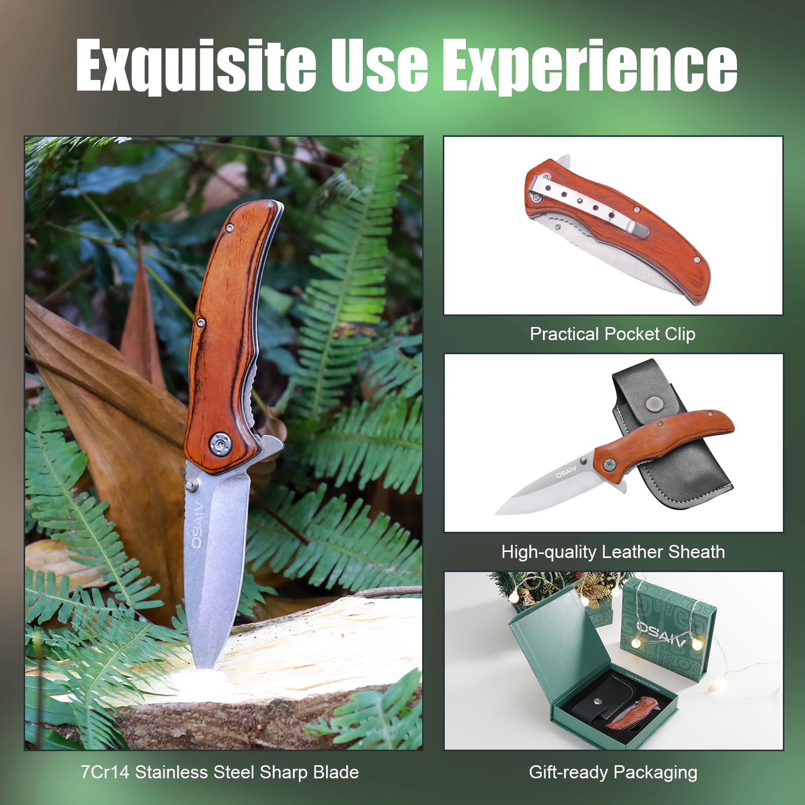 osaiv Pocket Folding Wood Knife Set, Speed Safe Opening EDC Tactical Foldable Knives with Lock, Small Sharp Camping Survival Hiking Knife, Ideal Gift for Men Women-Wood Color Handle