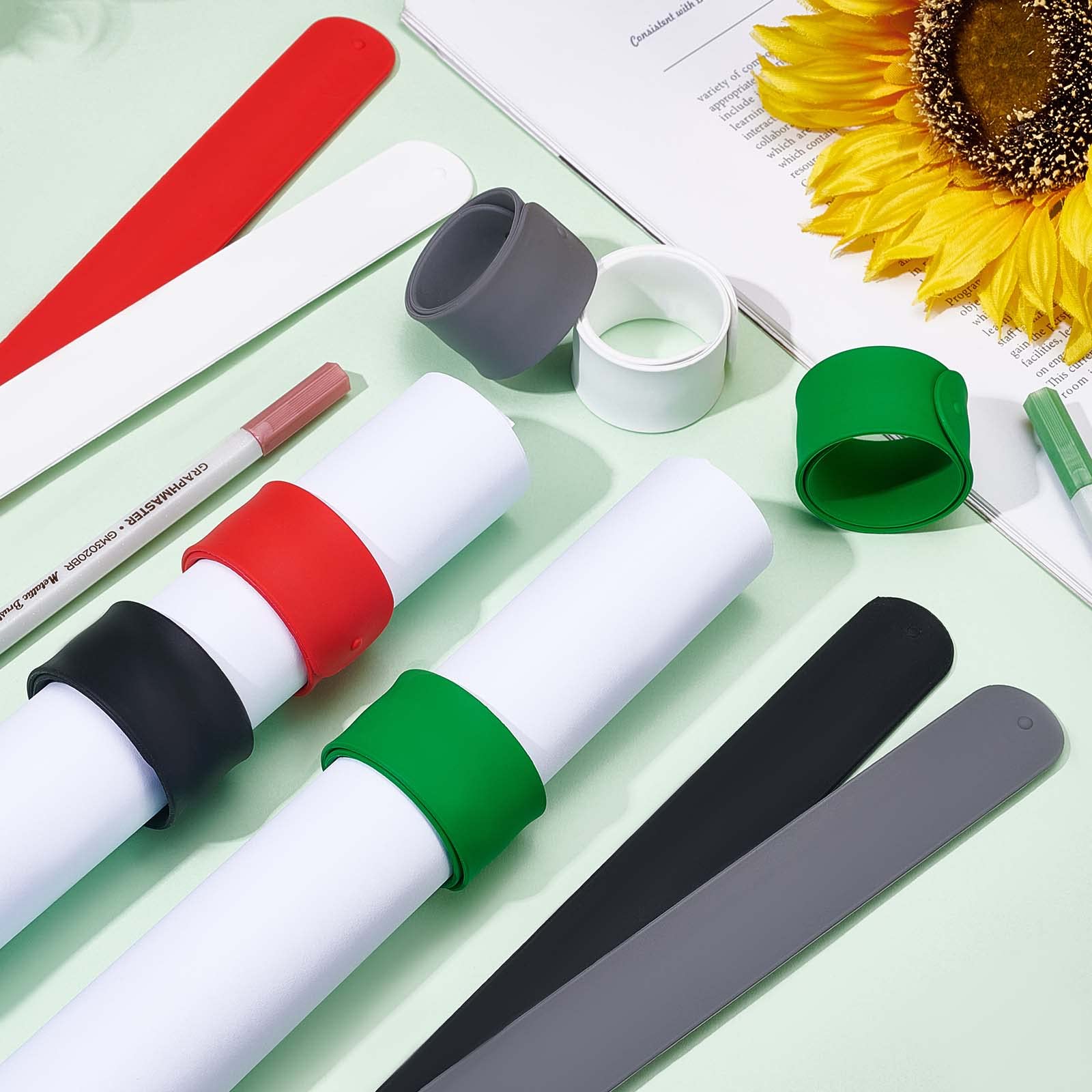 NBEADS 10 Pcs 5 Colors Silicone Covered Metal Strips, 8-1/2" in Length Silicone Flip Wraps Poster Holder Wrapping Paper Holder Stabilizer Slap Bands for Home Office Storage Organization