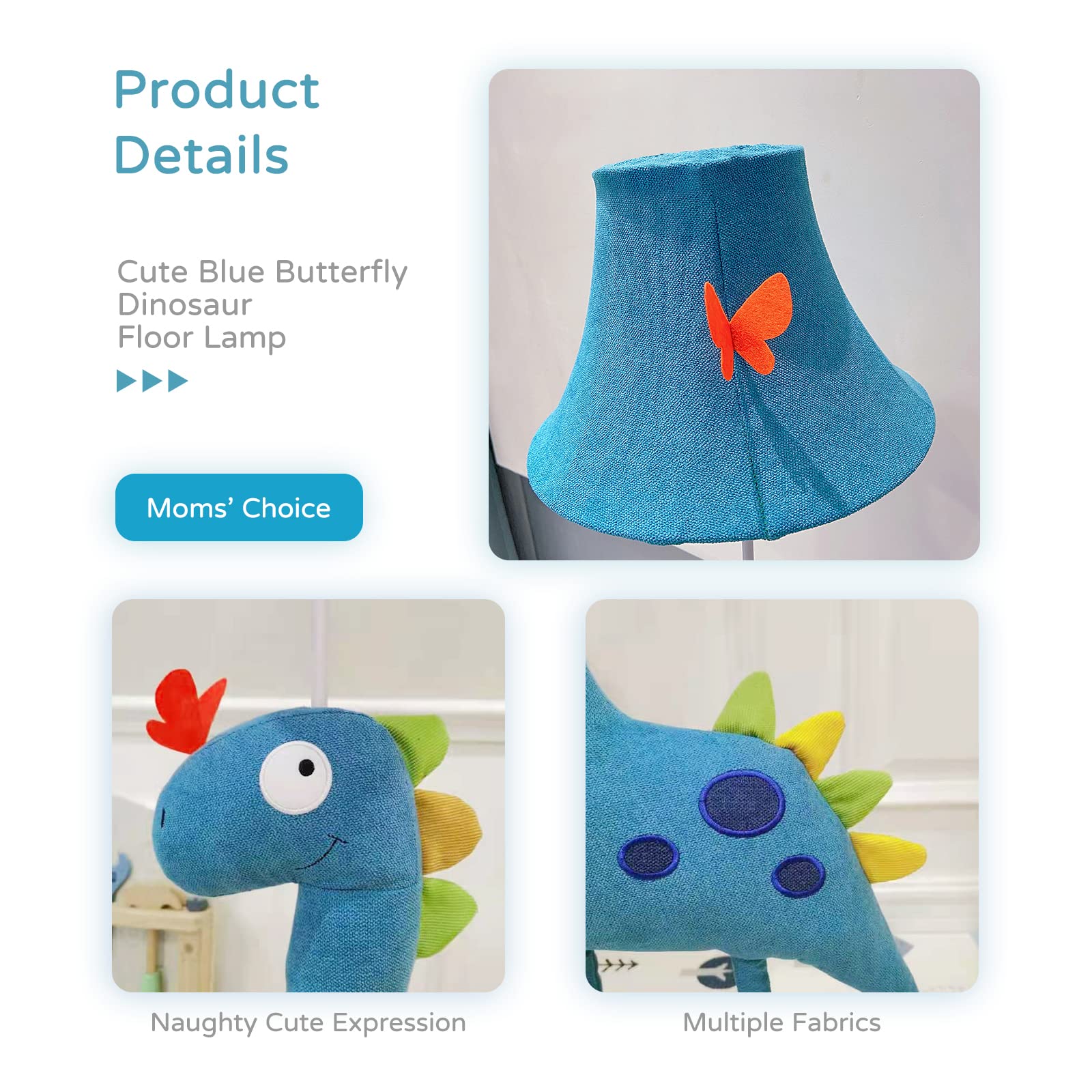 HERBESTBAY Kids Floor Lamp, Blue Dinosaur Design 50 Inch Modern Floor Lamp for Bedroom, Hand-Stitched Toy Standing Lamp for Living Room, Package Come with an E26 LED Bulb