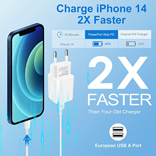 European Travel Plug Adapter Charger for iPhone Samsung Android Phone,International Power Adaptor with 2 Charger Port USB, EU Wall Charging Block Brick Plug in Europe Germany Outlets Power Strip
