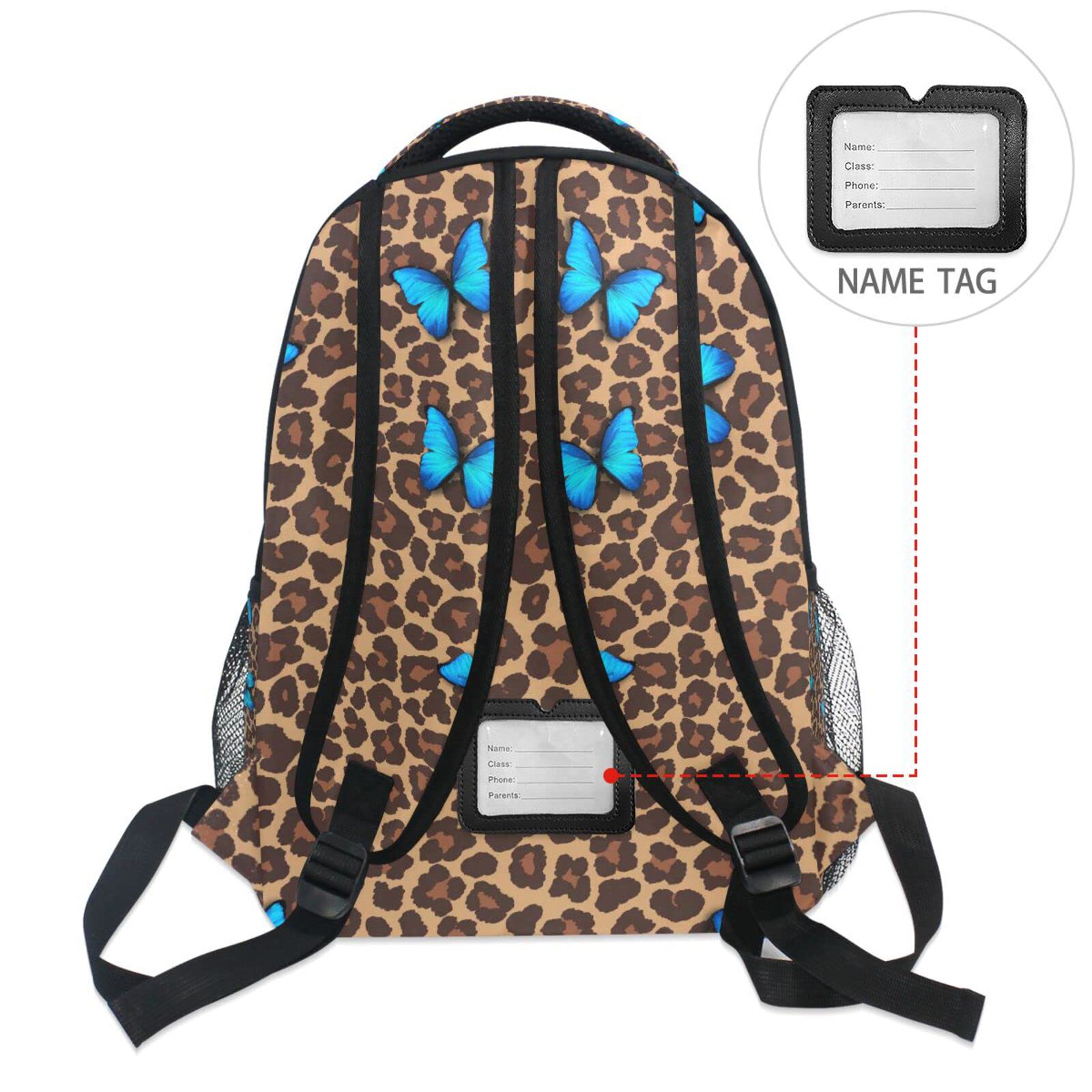 Blue Butterfly Leopard Cheetah Print Custom School Backpack for Boys Girls, Personalized Name Elementary School Bookbag Travel Bag Daypack