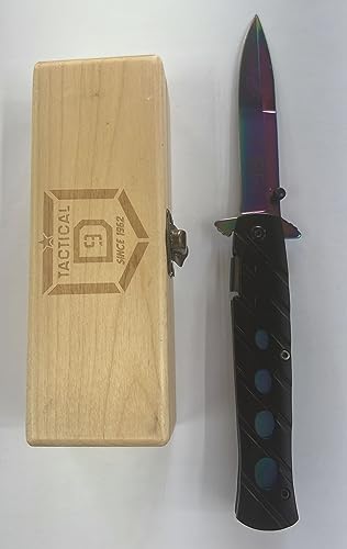 D9 TACTICAL Pocket Folding Knife 9 Inch Drop point Blade, Rust less Spring Assisted Opening with Liner Lock, Wooden Case, EDC Knife for Men and Women