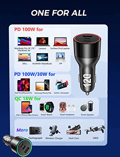 120W USB C MacBook Car Charger, 3-Port PD 100W&30W PPS 45W QC3.0 18W Super Fast Charger Adapter for MacBook Pro Air M1 Laptop iPad pro iPhone 14 13 12 Pro Max Samsung S22 S21Ultra Note20