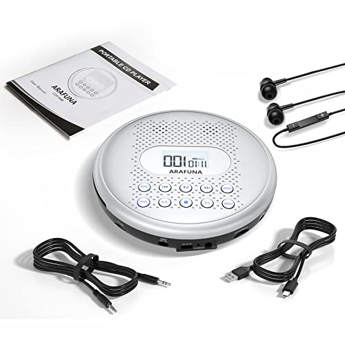 CD Player Portable, ARAFUNA Rechargeable Portable CD Players for Car with Speakers, Anti-Skip Walkman CD Player with Backlit Button, LCD Display and AUX Cable