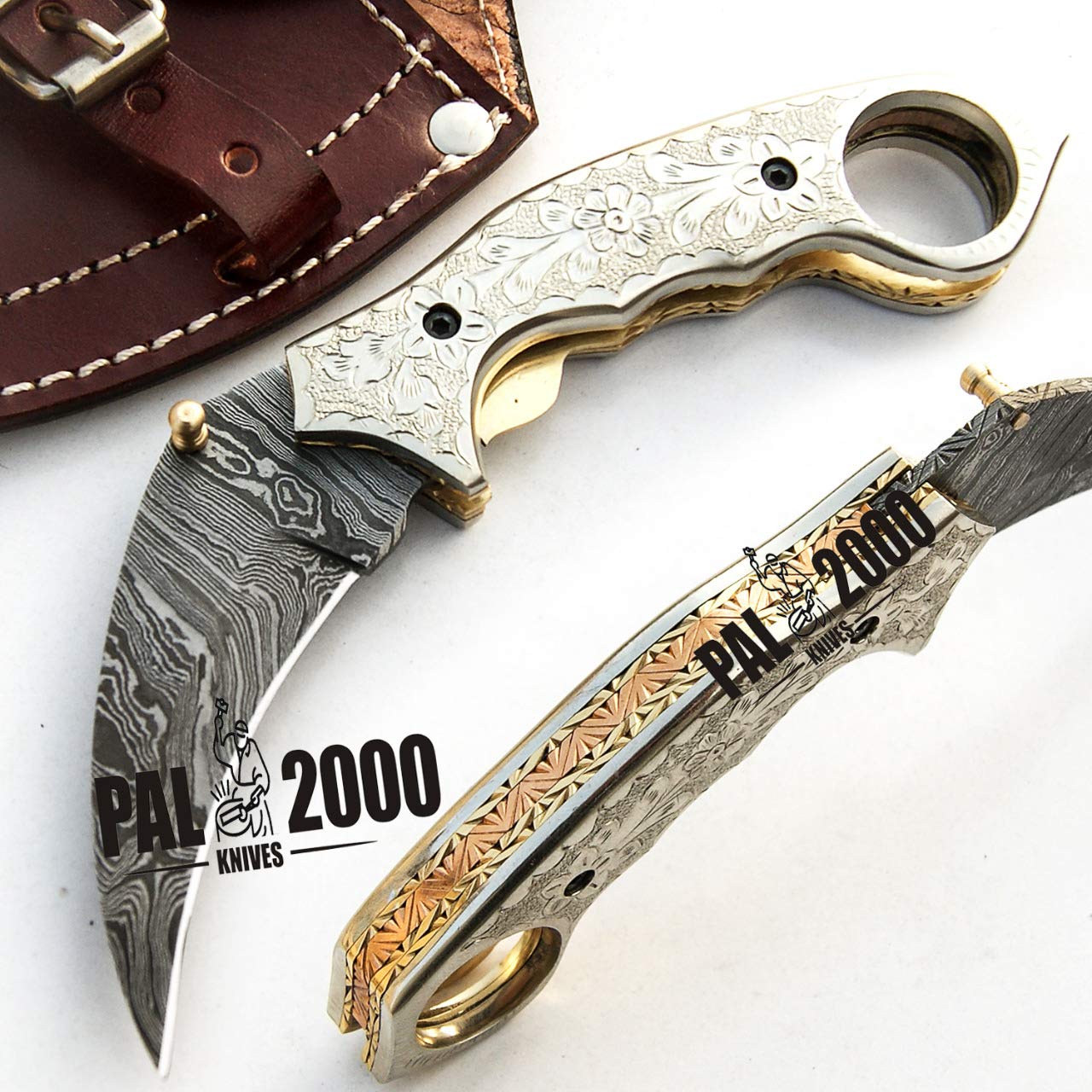 PAL 2000 KNIVES POC-9517 Handmade Damascus Steel Folding Pocket Knife Engraved Steel Handle with Sheath