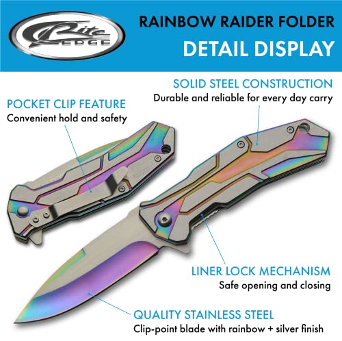 SZCO Supplies 8" Rainbow Tech Assisted Open Folding EDC Utility Pocket Knife With Clip