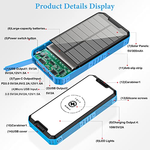 Solar Charger Power Bank 30000mAh, PD 20W Solar Phone Charger QC3.0 Fast Charging, 10W Wireless Charging, LED Flashlight Waterproof, Outdoor Solar Powerbank Portable Charger for iPhone Android