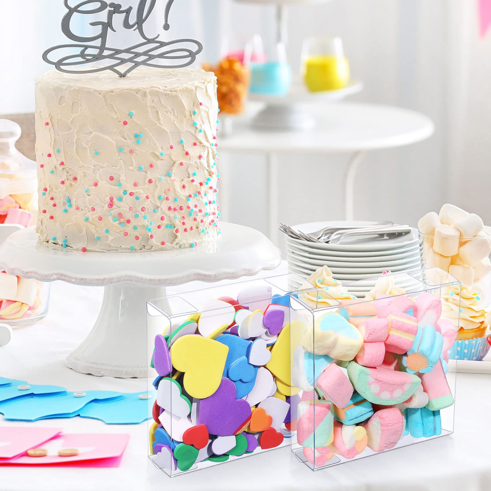 100 Pack Clear Boxes for Favors Plastic Clear Gift Box Transparent Clear Treat Boxes Candy Boxes Clear Cookie Boxes for Wedding Party Baby Shower Birthday Halloween Christmas (4 x 4 x 1.2 Inch)