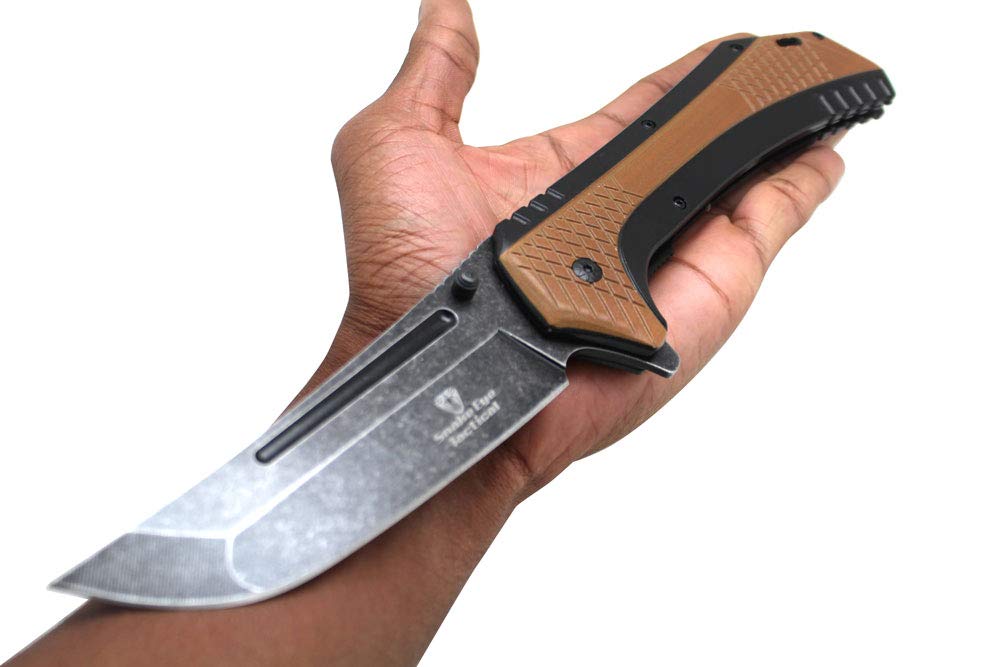 Snake Eye Tactical 12" Heavy Duty Stonewashed Blade Ultra Smooth One Hand Opening Folding Pocket Knife Limited Edition Collectors Knife - Ideal for Recreational Work Hiking Camping (Brown)