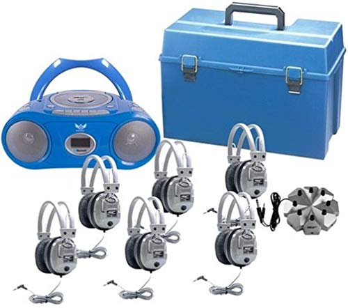 Hamilton Buhl 6 Person Listening Center with Bluetooth Cassette/CD/FM Boombox and Deluxe Over-Ear Headphones