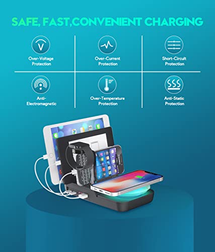 70W Charging Station for Multiple Devices, 5 in 1 Fast Charging Dock with 10W Max Wireless Charger and 4 Ports Charging Dock, 30W USB C PD Fast Charging for iPad, iPhone,Tablets,Kindle