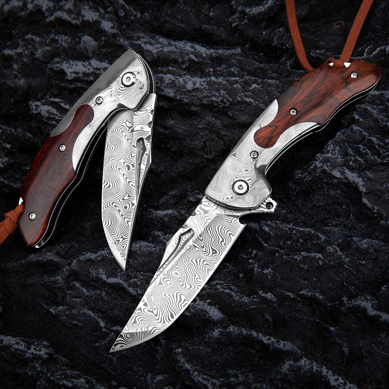 SPIRIT DEED Damascus Pocket Knife for Men,Handmade 3.4in Sharp Blade,Damascus Steel and Rosewood handel EDC,Leather Sheath Outdoor Survival Tool for Hunting