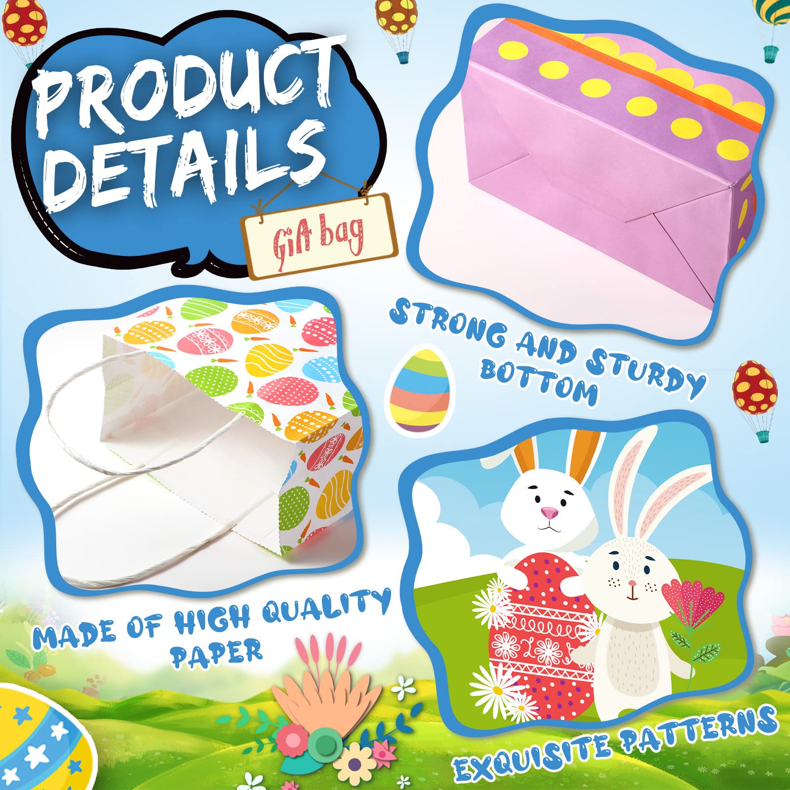 12 Pieces Easter Gift Paper Bags Easter Party Favor Bags with Handles Easter Treat Bags Kids with Happy Easter for Easter Party Supplies Candy Cookie Goodies Gift Wrapping