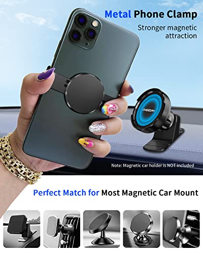 CHEEDAY Metal Phone Clamp for Magnetic Car Mount, [Clip & Remove at Anytime] Durable Metal Phone Clip for Most Magnet Phone Holder Compatible with iPhone 12 13 14 Pro Max, Samsung and More, Black