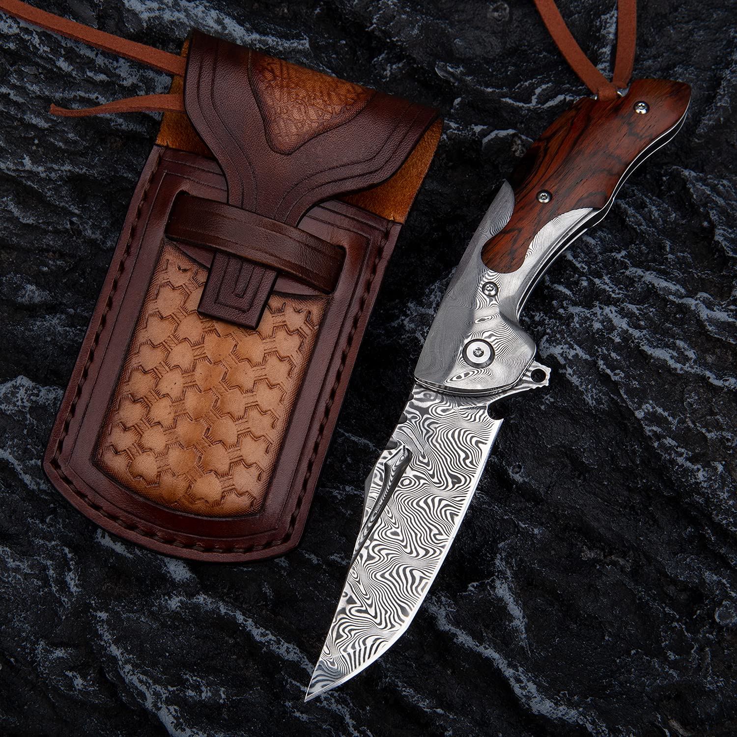 SPIRIT DEED Damascus Pocket Knife for Men,Handmade 3.4in Sharp Blade,Damascus Steel and Rosewood handel EDC,Leather Sheath Outdoor Survival Tool for Hunting