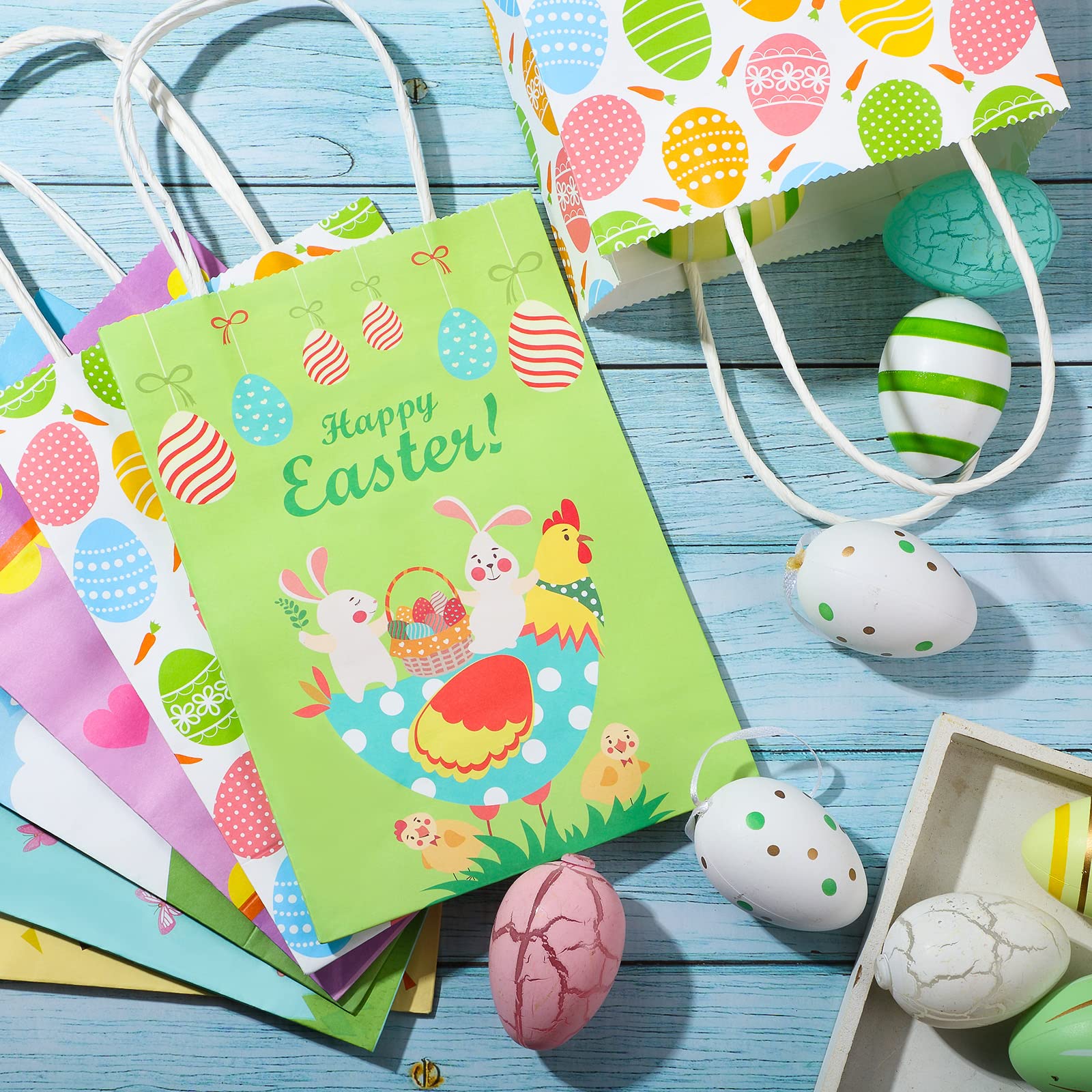 12 Pieces Easter Gift Paper Bags Easter Party Favor Bags with Handles Easter Treat Bags Kids with Happy Easter for Easter Party Supplies Candy Cookie Goodies Gift Wrapping
