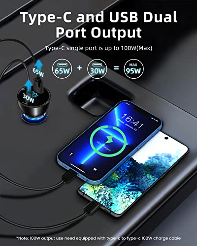 100W USB C Car Charger, Baseus PD3.0 QC4.0 PPS Super Fast Charging Type C Car Charger with LED Display Adapter for iPhone 14/13/ Pro Max Samsung Galaxy S22/S21 Ultra/Tab S8 iPad MacBook Laptop