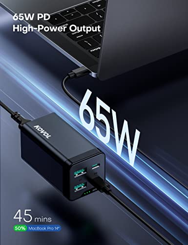 USB C Charger, KOVOL 65W 4-Port PD GaN III Desktop Charger USB C Charging Station with Dual USB C+Dual USB A Ports PPS 25W Super Fast Charging for Galaxy, iPhone, iPad Air/Pro, MacBook Pro/Air, Laptop