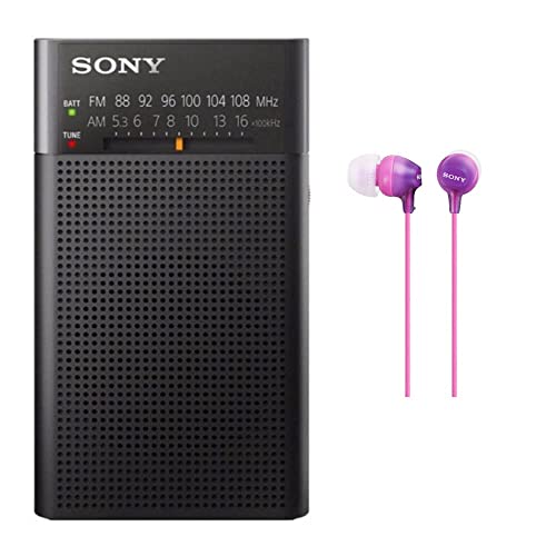 Sony ICFP26 Portable AM/FM Radio (Black) and Color in-Ear Earbud Headphones (Color May Vary) Bundle (2 Items)