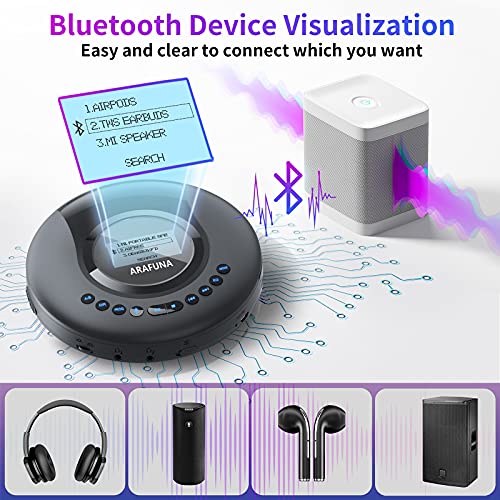 CD Player Portable, ARAFUNA Bluetooth CD Player for car, 2000mAh Rechargeable Portable CD Player with LCD Screen, Anti Shock Protection Walkman CD Player with Headphone -Upgraded