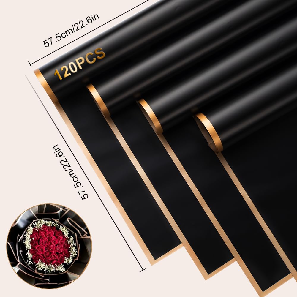 120 Pcs Gold Edge Flower Wrapping Paper, Pure Color Translucent Waterproof Bouquet Wrapping Paper Florist Paper for Bouquets Gift Wedding DIY Crafts Packaging(Black)