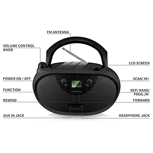 hPlay Gummy GC04 Portable CD Player Boombox with Digital Tunning AM FM Stereo Radio Kids CD Player LCD Display, Front Aux-in Port and Headphone Jack, Supported AC or Battery Powered- Black