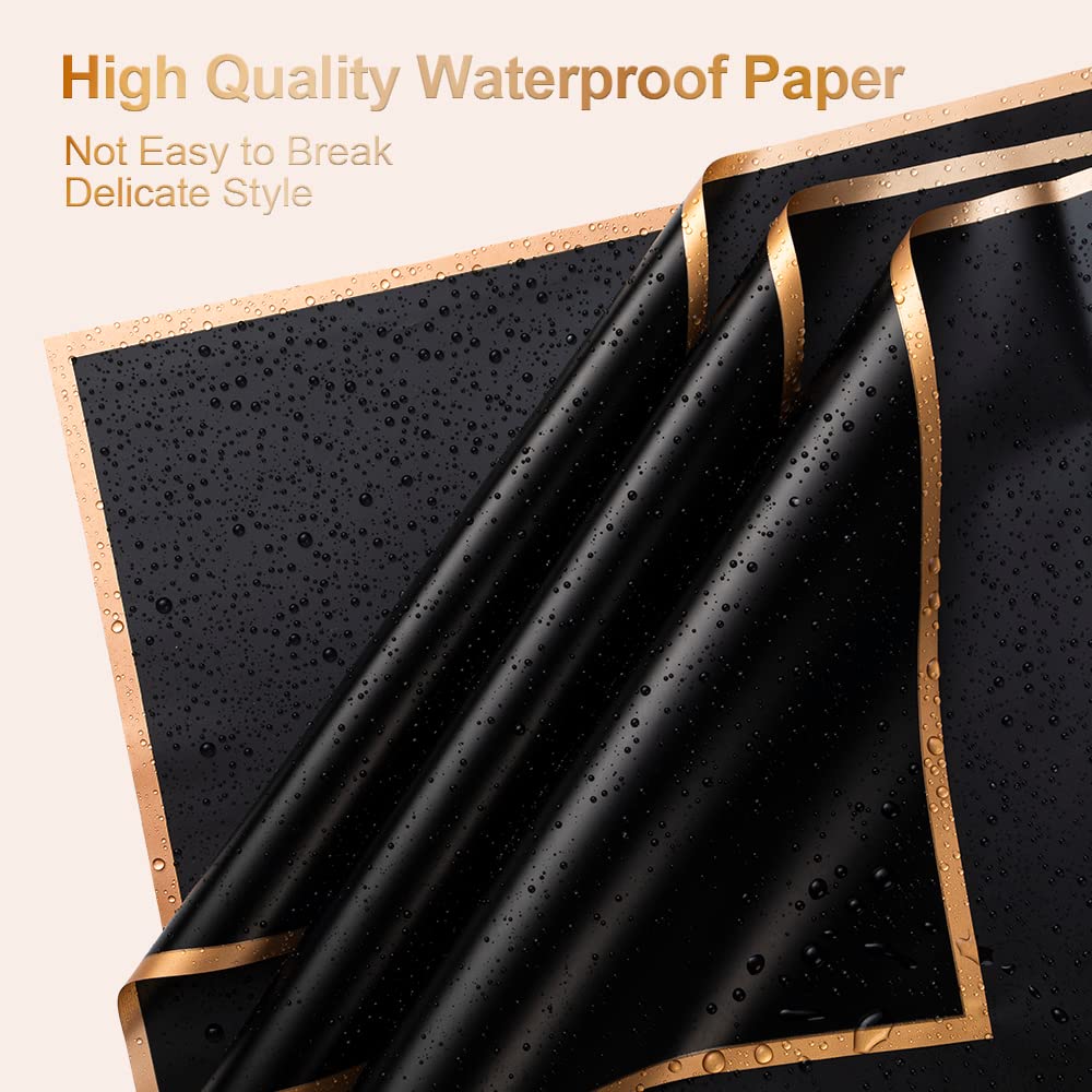 120 Pcs Gold Edge Flower Wrapping Paper, Pure Color Translucent Waterproof Bouquet Wrapping Paper Florist Paper for Bouquets Gift Wedding DIY Crafts Packaging(Black)