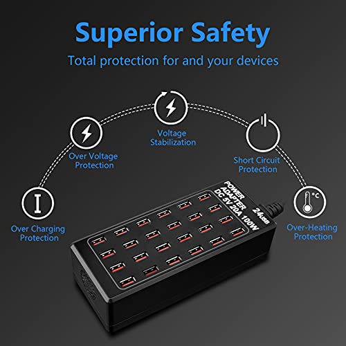 24-Port 100 watt (20 A) USB Charging Station, Home Desktop USB Fast Charger, Multiple USB Desktop Chargers, Suitable for Hotels, Shops, Schools, Shopping malls and Travel