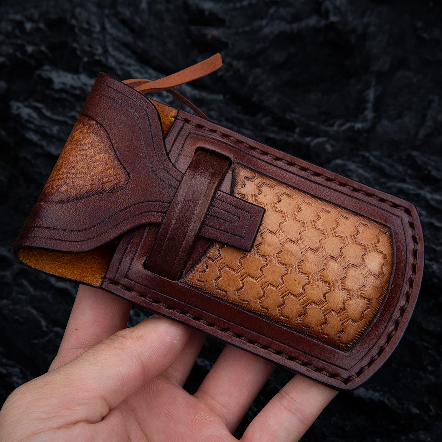 SPIRIT DEED Damascus Pocket Knife for Men,Handmade 3.4in Sharp Blade,Damascus Steel and Rosewood handel EDC,Leather Sheath Outdoor Survival Tool for Hunting