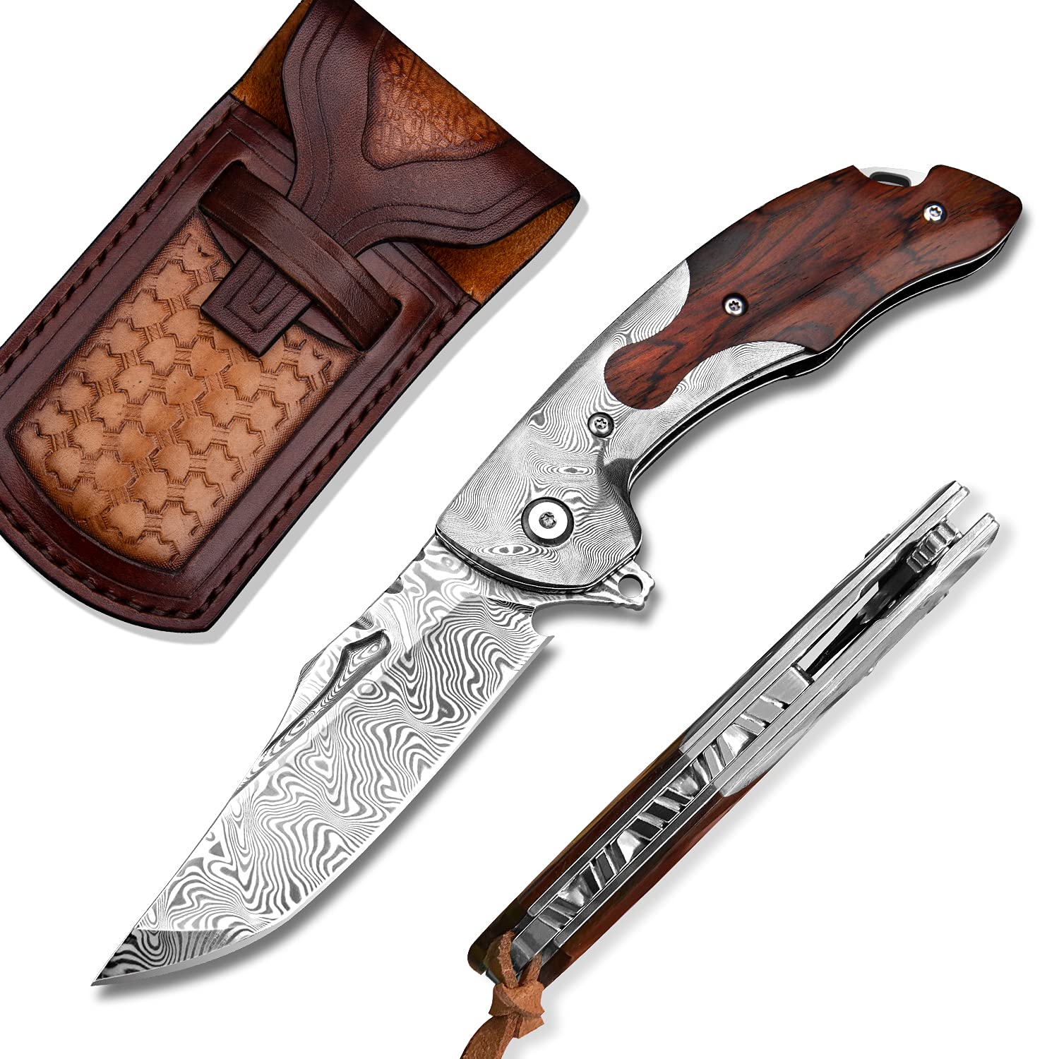 SPIRIT DEED Damascus Pocket Knife for Men,Handmade 3.4in Sharp Blade,Damascus Steel and Rosewood handel EDC,Leather Sheath Outdoor Survival Tool for Hunting
