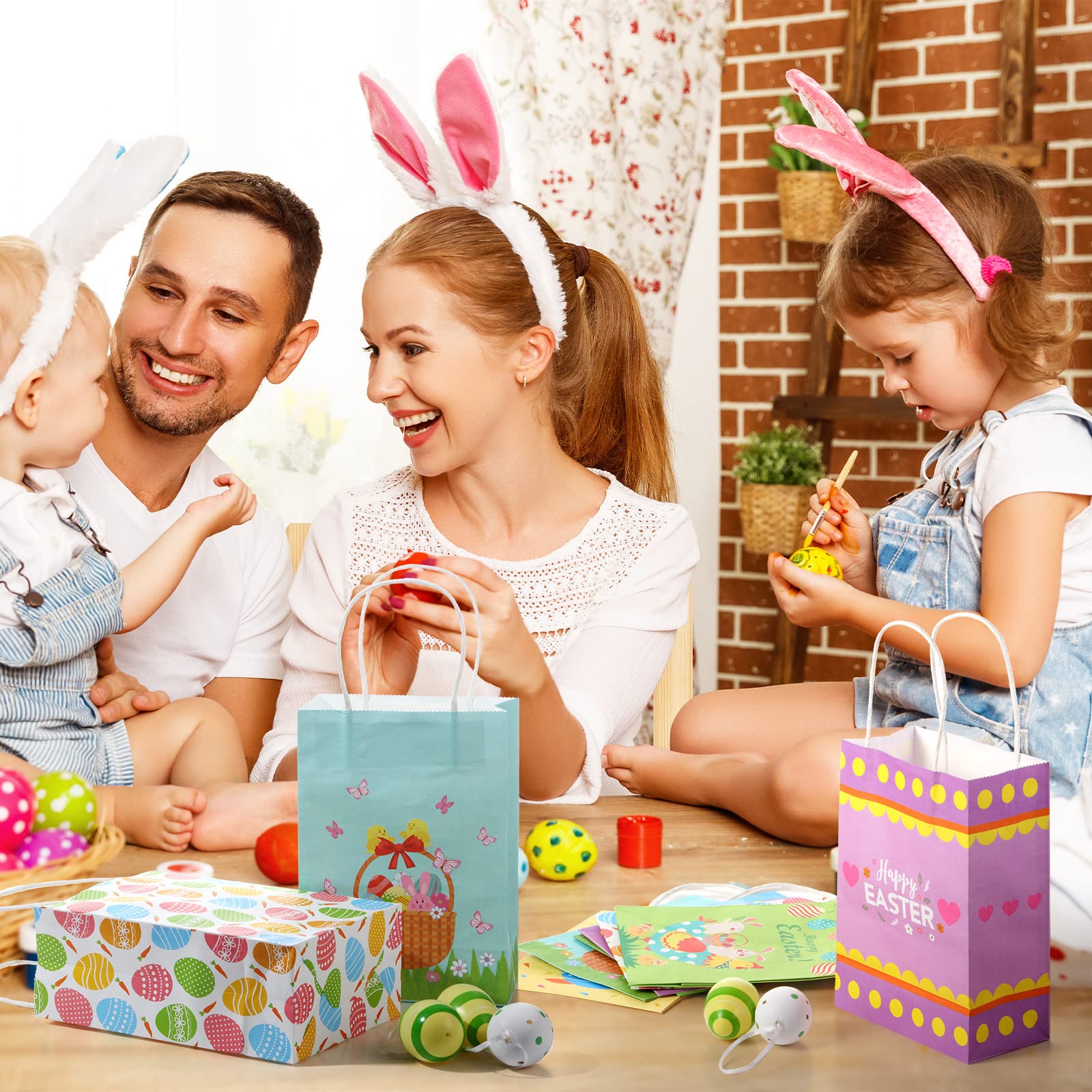12 Pieces Easter Gift Paper Bags Easter Party Favor Bags with Handles Easter Treat Bags Kids with Happy Easter for Easter Party Supplies Candy Cookie Goodies Gift Wrapping