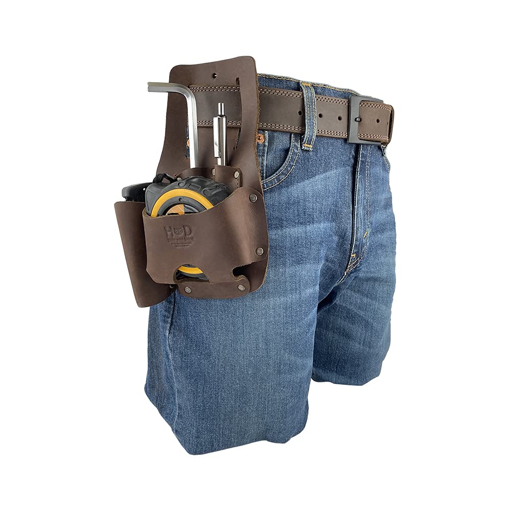 Hide & Drink, Tape & Knife Holder, Marking and Measuring Pouch, Tool Case, Screwdriver Holster, Pocket Belt Pouch, Full Grain Leather, Handmade (Bourbon Brown)