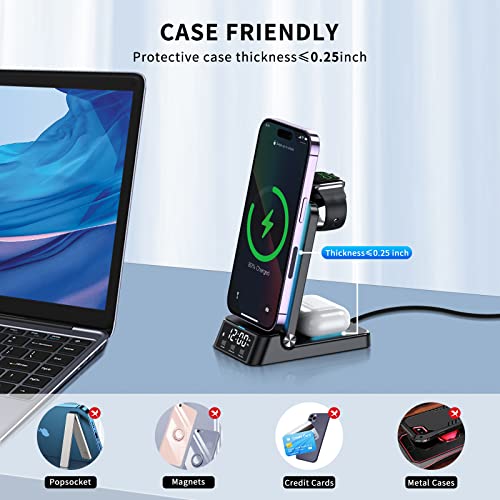 Fast Wireless Charger,4 in 1 Wireless Charging Station with Alarm Clock Compatible with iPhone 14/13/12/11/Pro/Max/XS/XR,Phone Charger Stand Dock for Apple Watch and Airpods(with 20W Adapter)